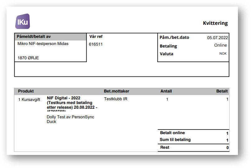 Kvittering for betalt kurs